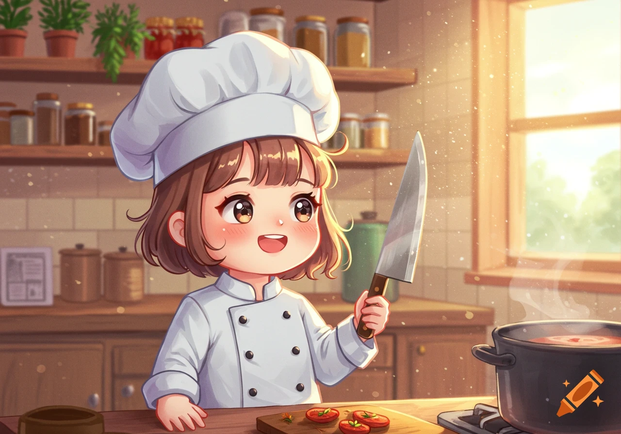 Cute anime child chef in a white uniform holding a knife in a sunny ...