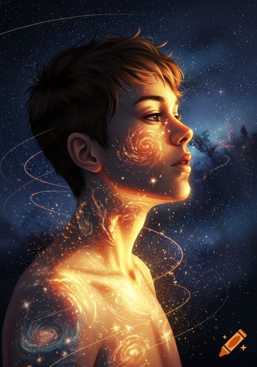 A bald, smiling face with starry cosmic skin, glowing white eyes, and a ...