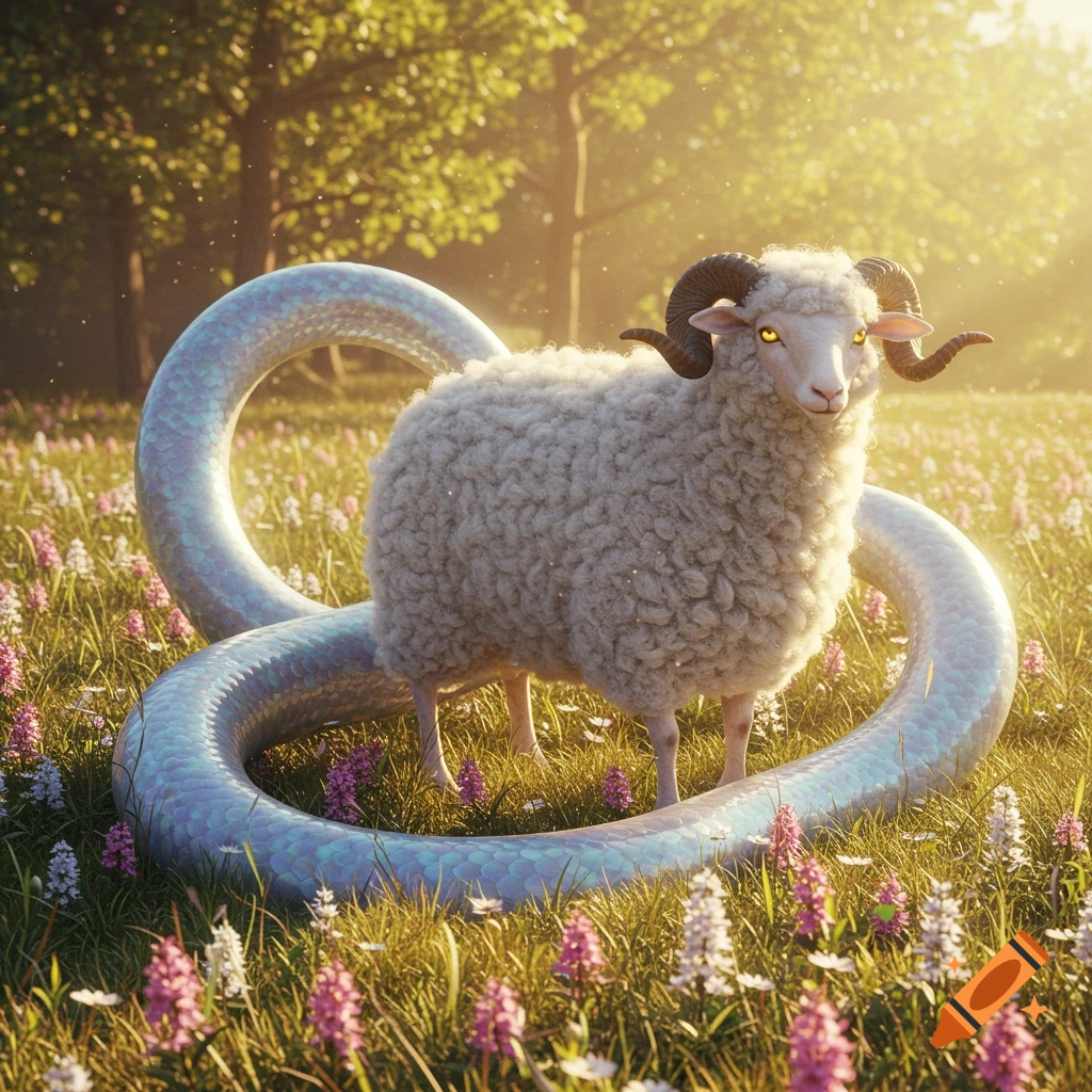 A ram with glowing eyes stands in a sunlit meadow, encircled by a large ...
