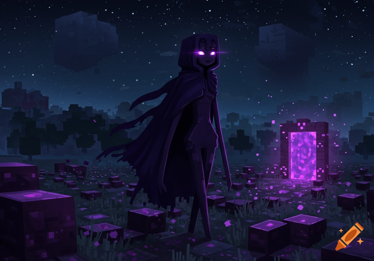 An Enderman with glowing purple eyes pets a black cat under a starry ...