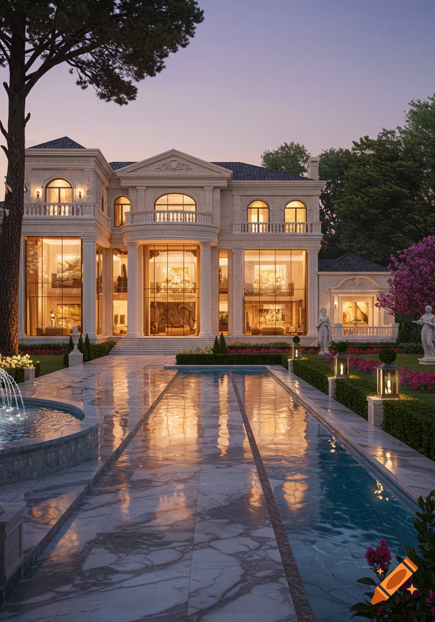 A grand, luxurious mansion with classical architecture, large glass ...