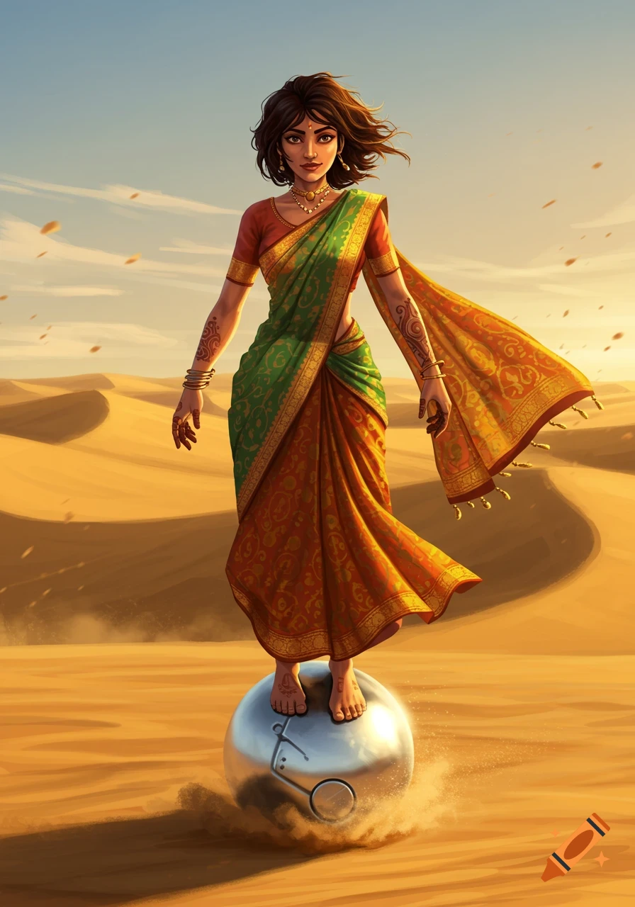 A stylized illustration of an Indian woman in a sari standing on a ...