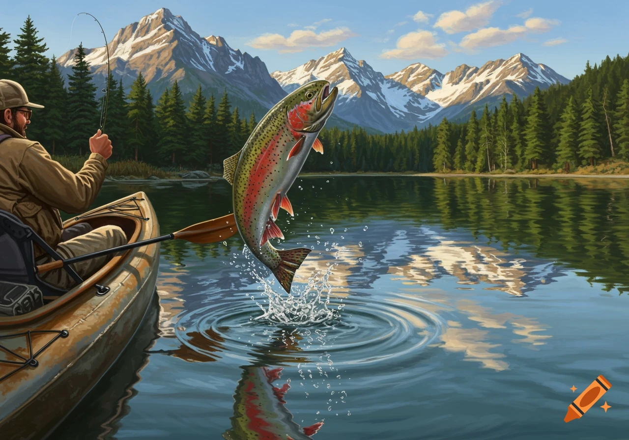 A man on a wooden dock catches a bass jumping from a lake at sunset ...