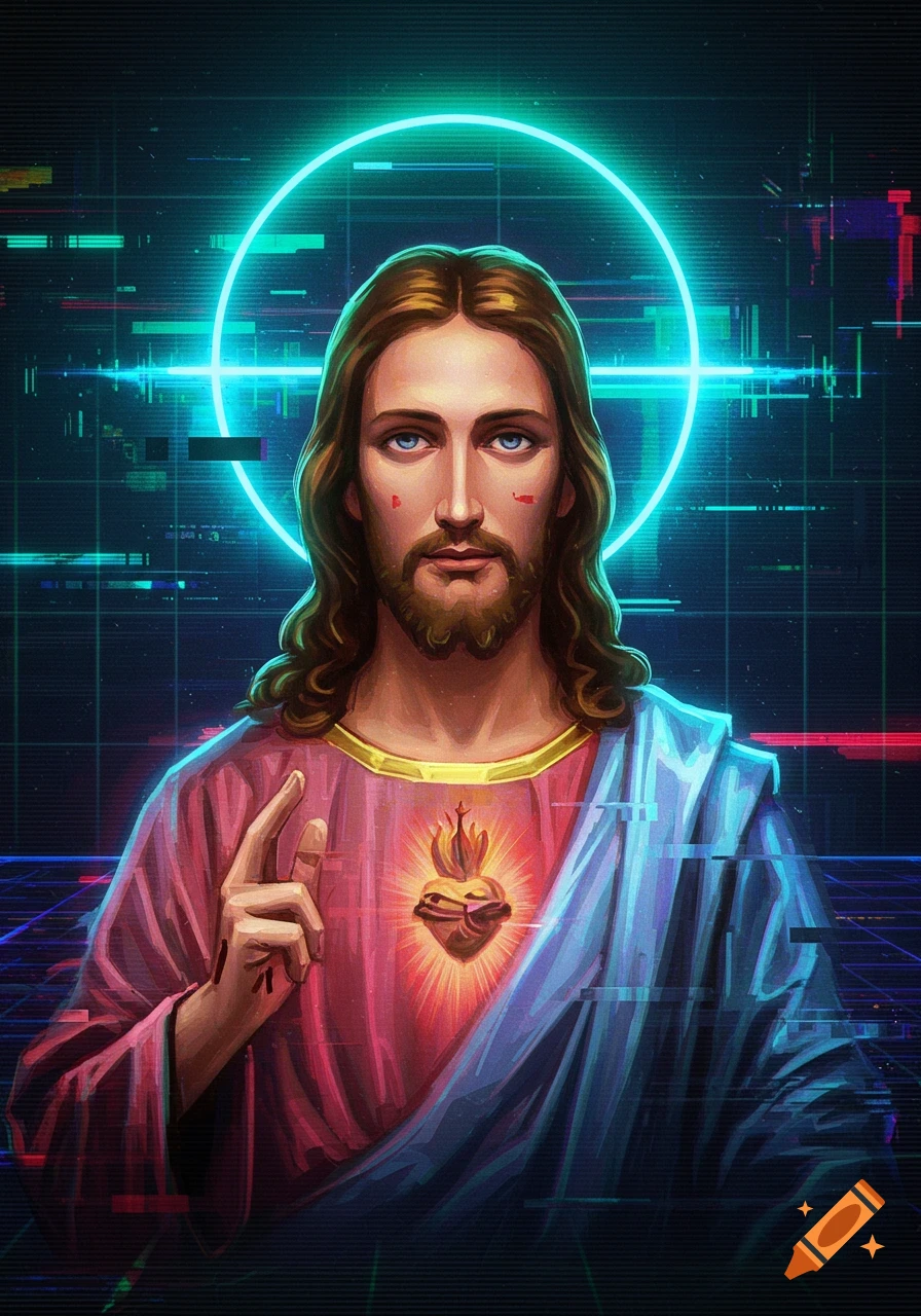 A digital art portrait of Jesus Christ with a neon halo and Sacred ...