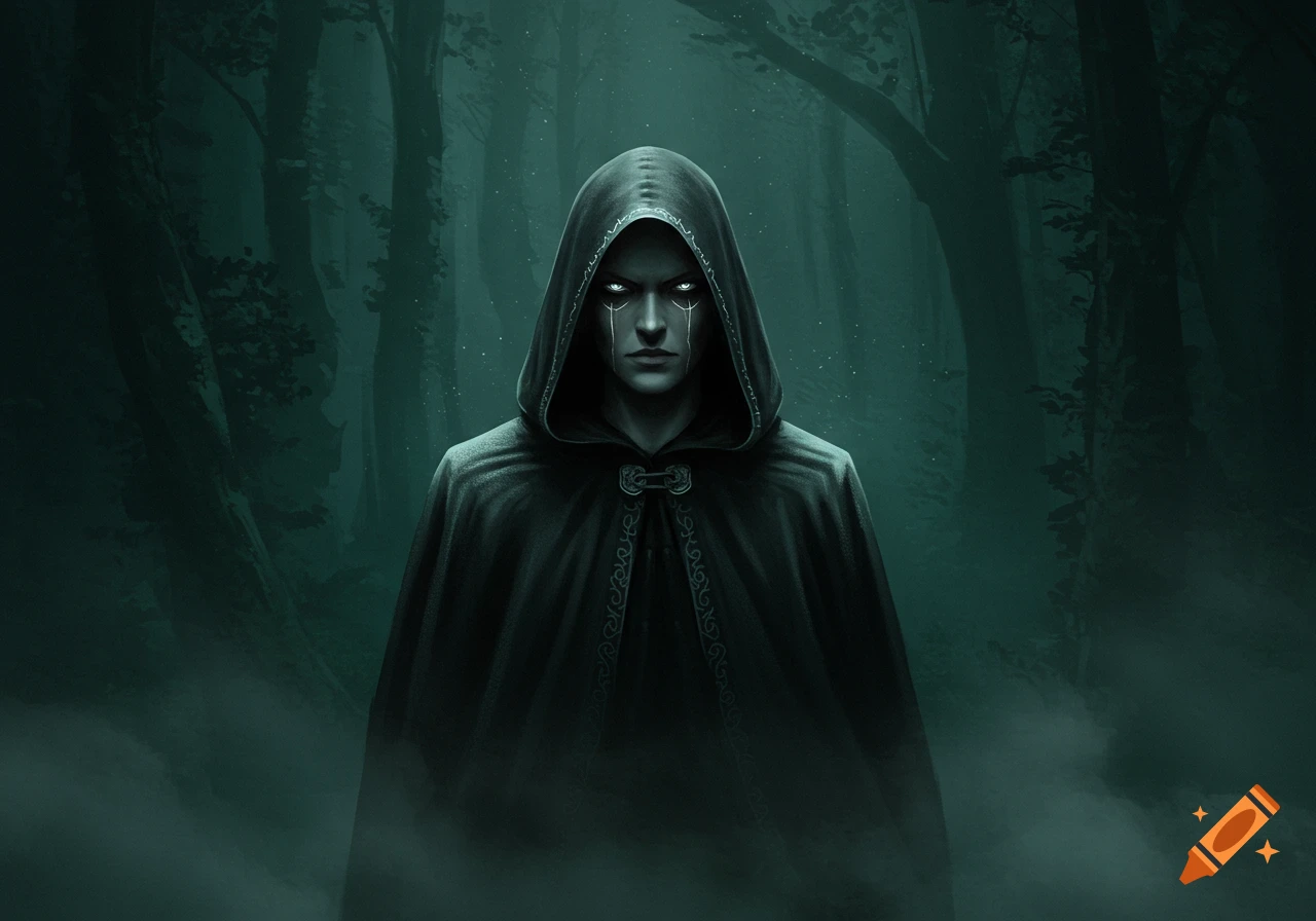 A dark cloaked figure with glowing eyes stands in a misty forest at night under a crescent moon ...
