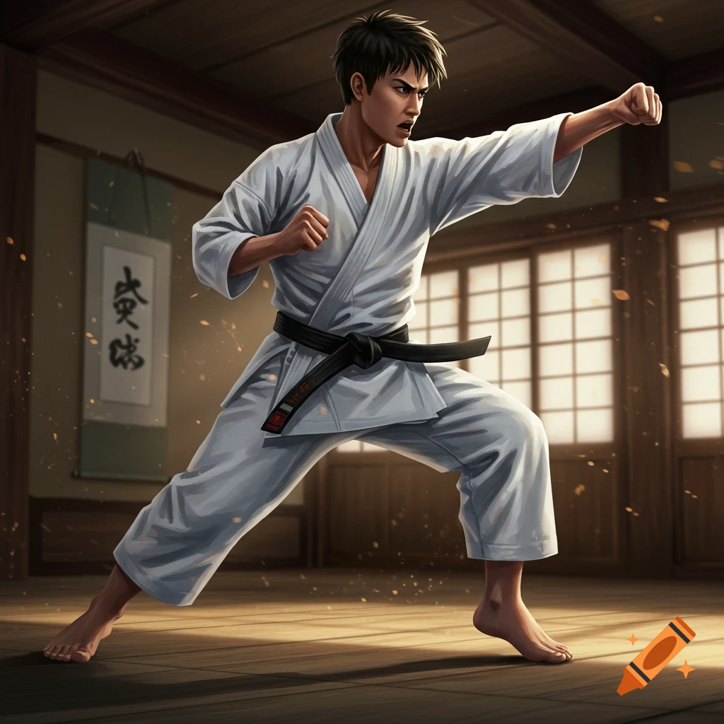 A male karate student in a white gi and black belt performs a punch ...