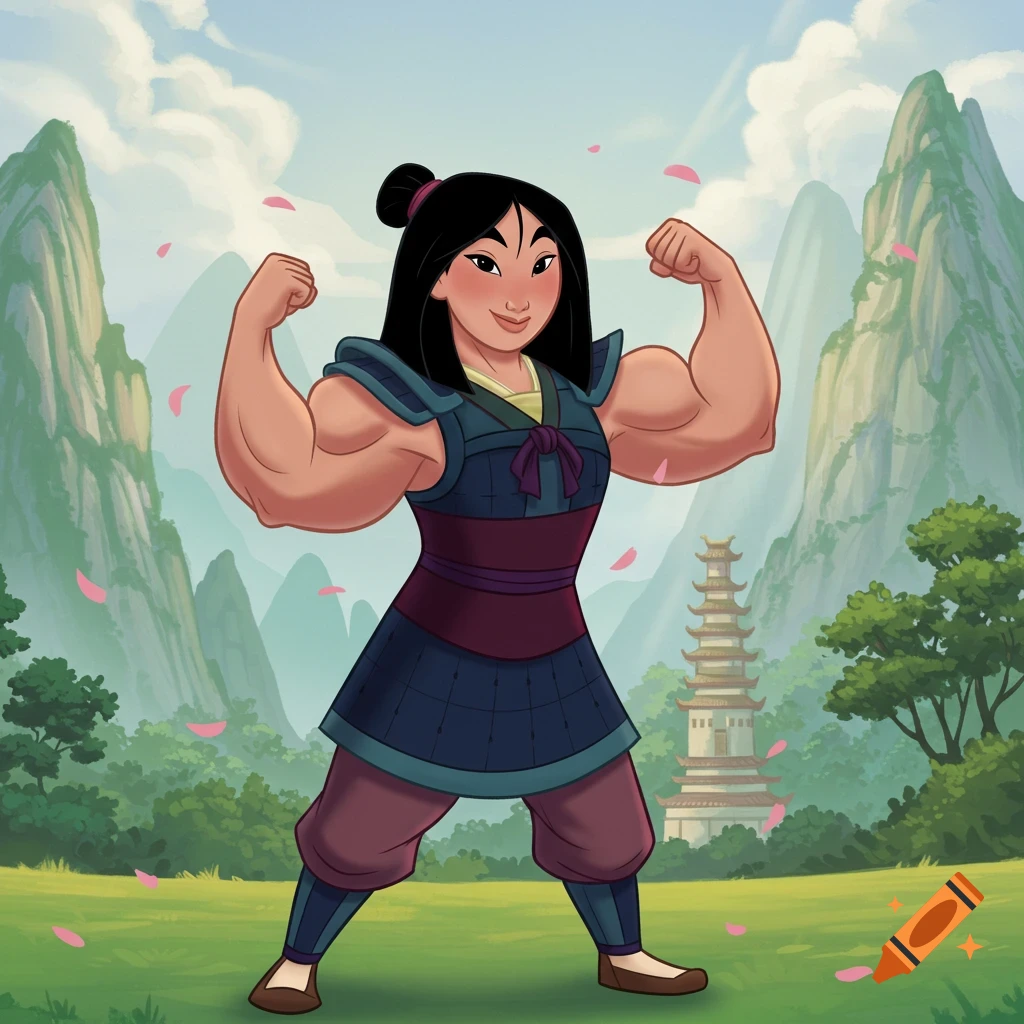 Cartoon Mulan with large biceps flexing, standing in a scenic valley ...