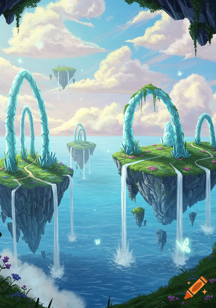 Anime-style fantasy landscape with castles on floating sky islands ...