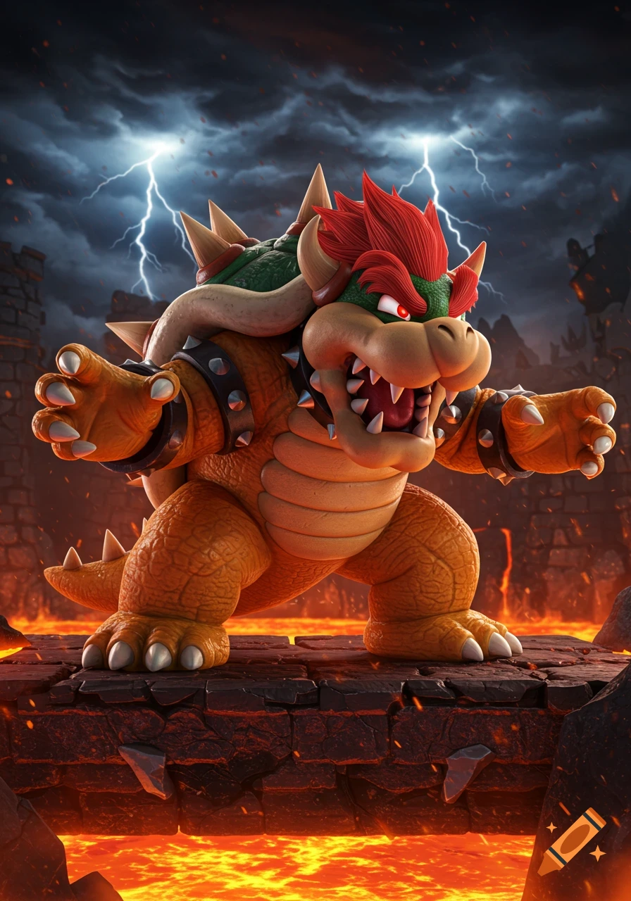 A menacing Bowser stands on a crumbling rock platform above a sea of ...