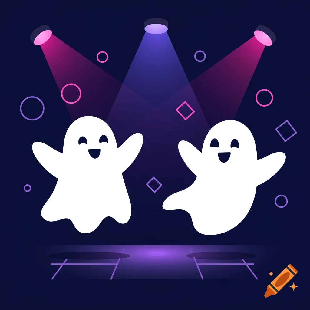 Two cute white cartoon ghosts dancing under pink and purple spotlights ...