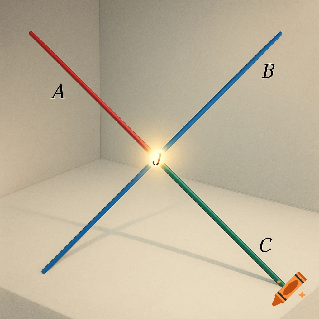 Three colored lines (red, blue, green) intersect at a glowing point ...