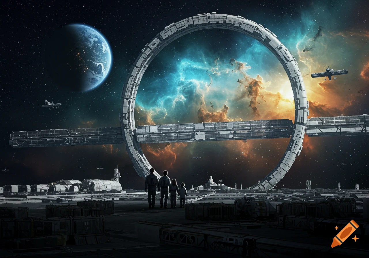 A large, detailed space station with multiple modules and solar panels orbits Earth, surrounded ...