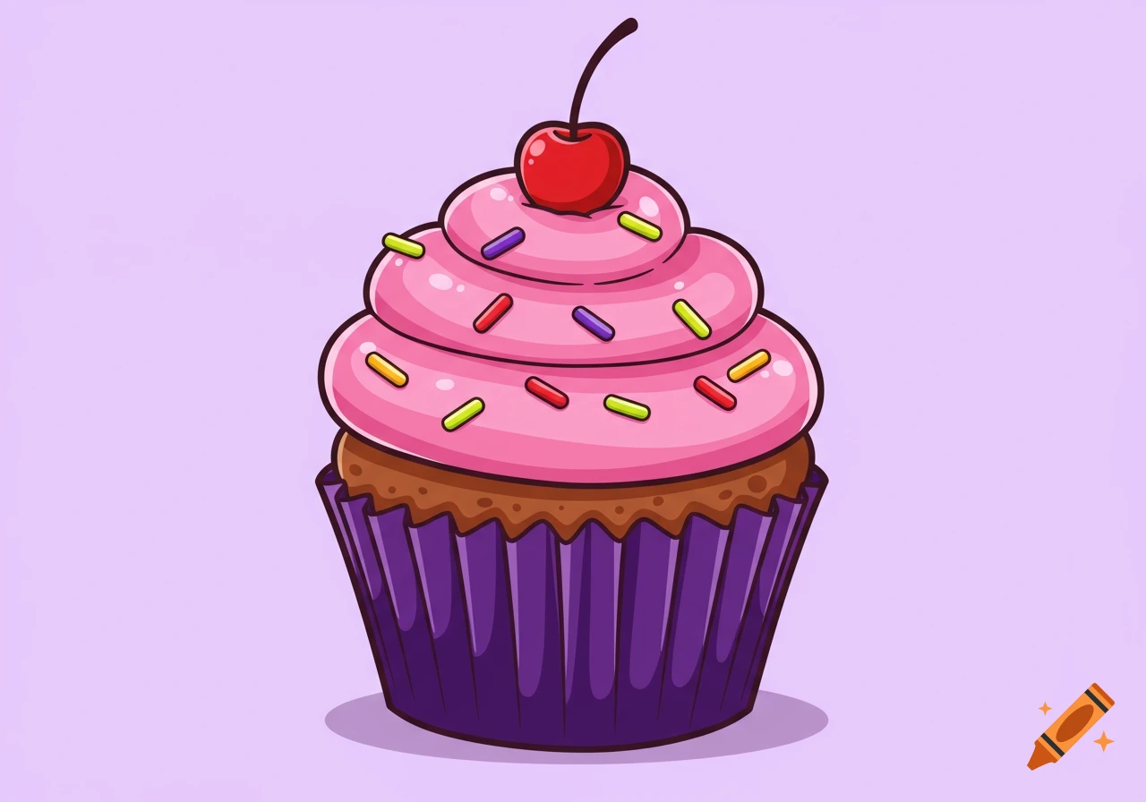 A vibrant cartoon cupcake with pink frosting, colorful sprinkles, a red ...
