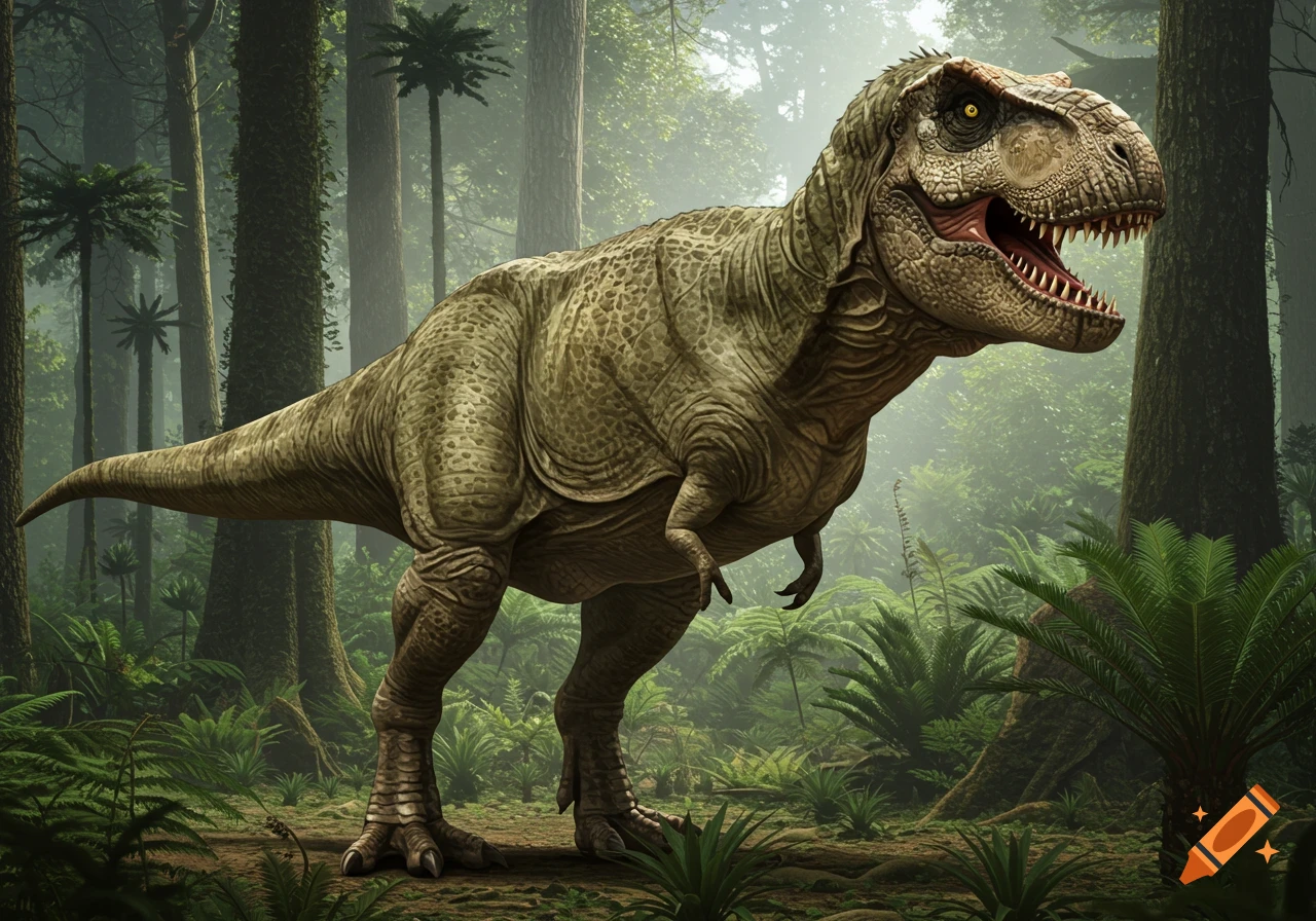An ultra-realistic, muscular humanoid Tyrannosaurus rex stands in a ...