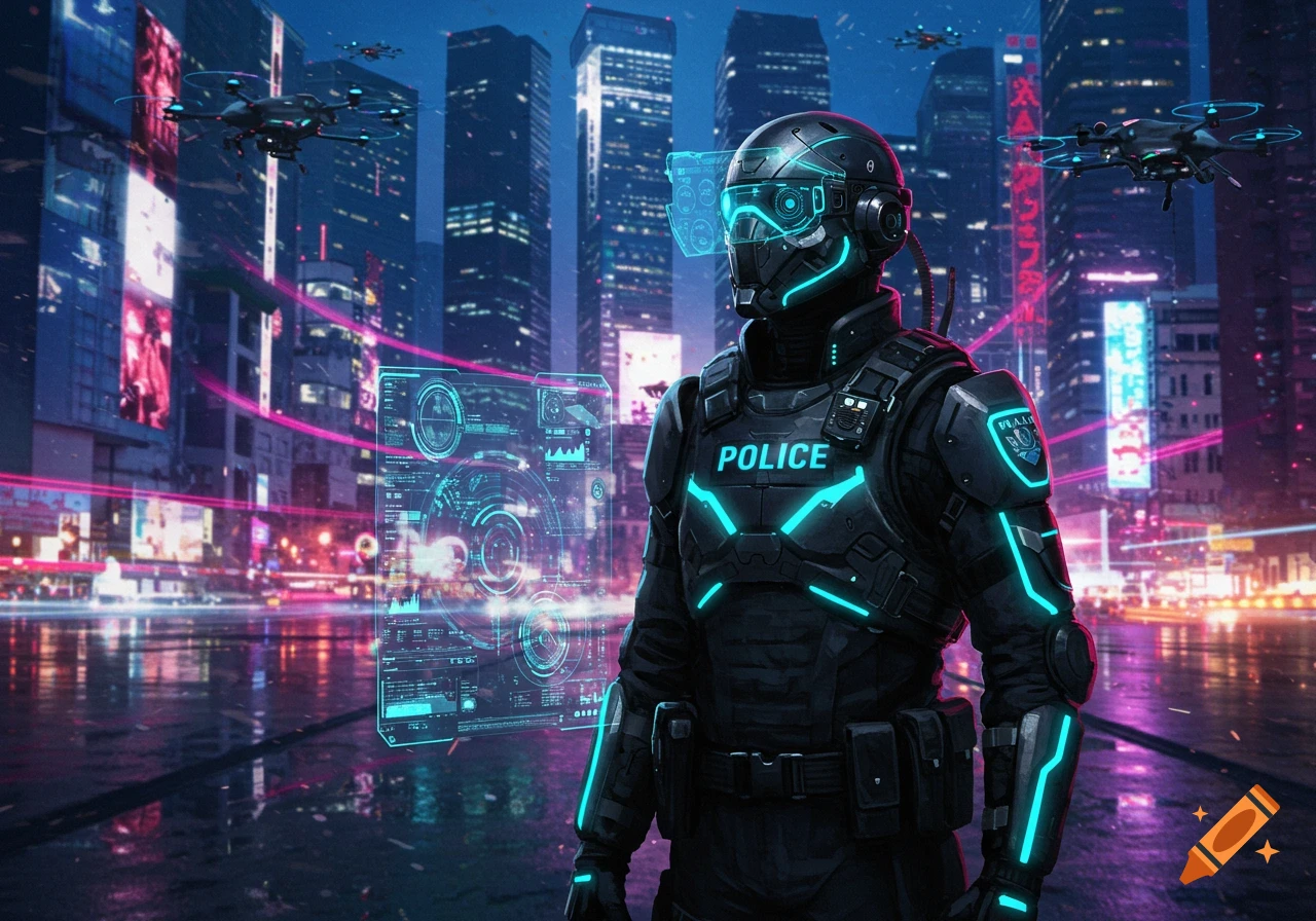 A futuristic police officer stands in a neon-lit cyberpunk city street ...