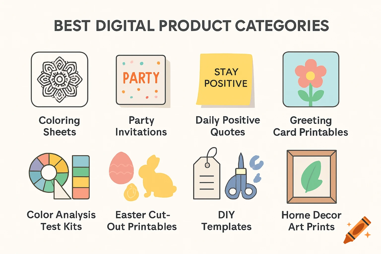 An infographic titled 'Best Digital Product Categories' with eight ...