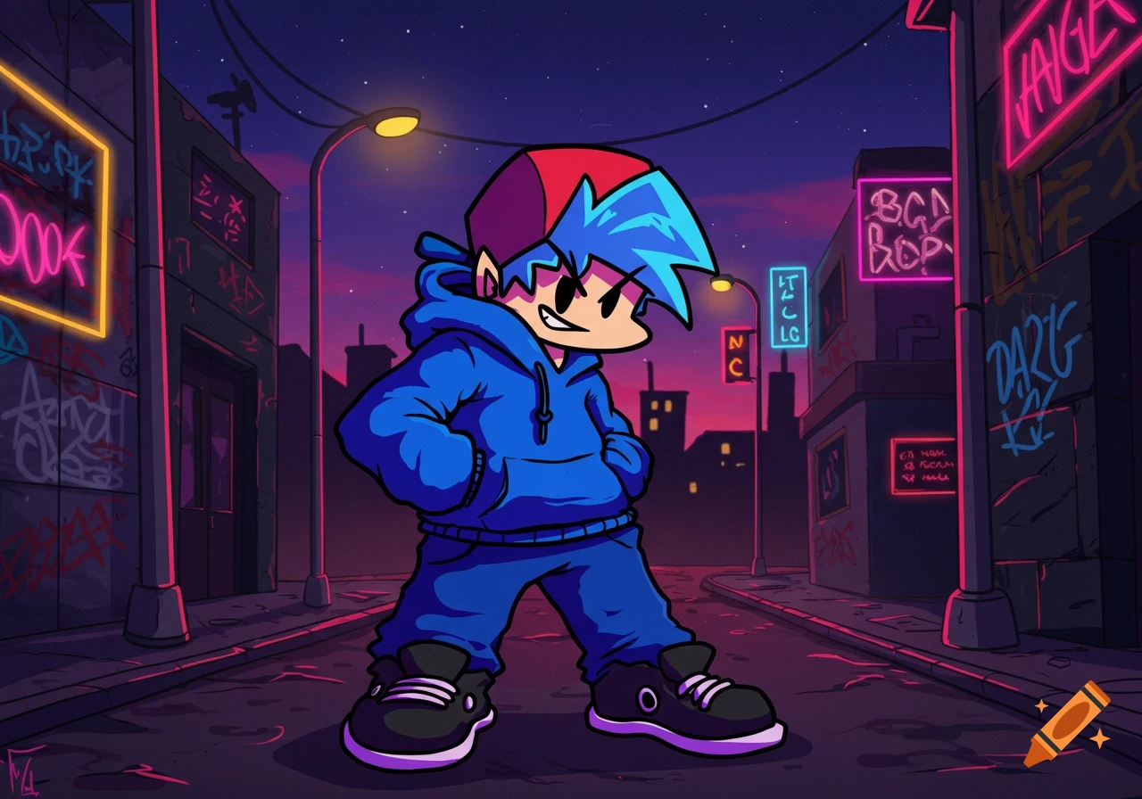 Cartoon character Boyfriend from Friday Night Funkin' in a blue hoodie ...