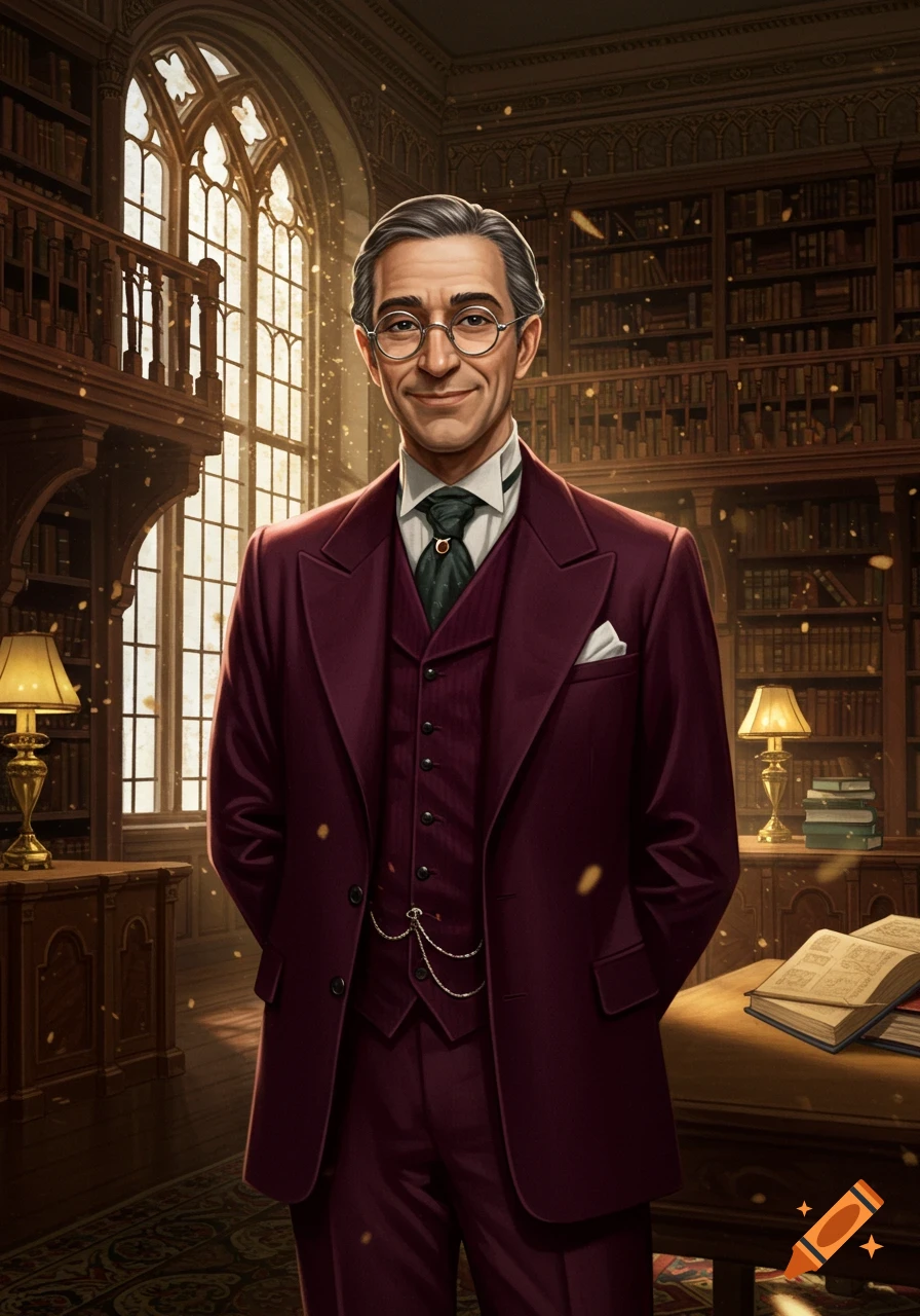 A distinguished man in a burgundy suit and glasses stands in a grand ...