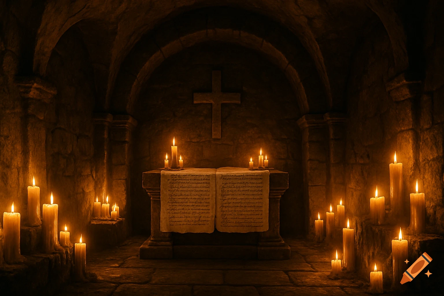 An atmospheric, dimly lit underground chapel with an altar, a cross on ...