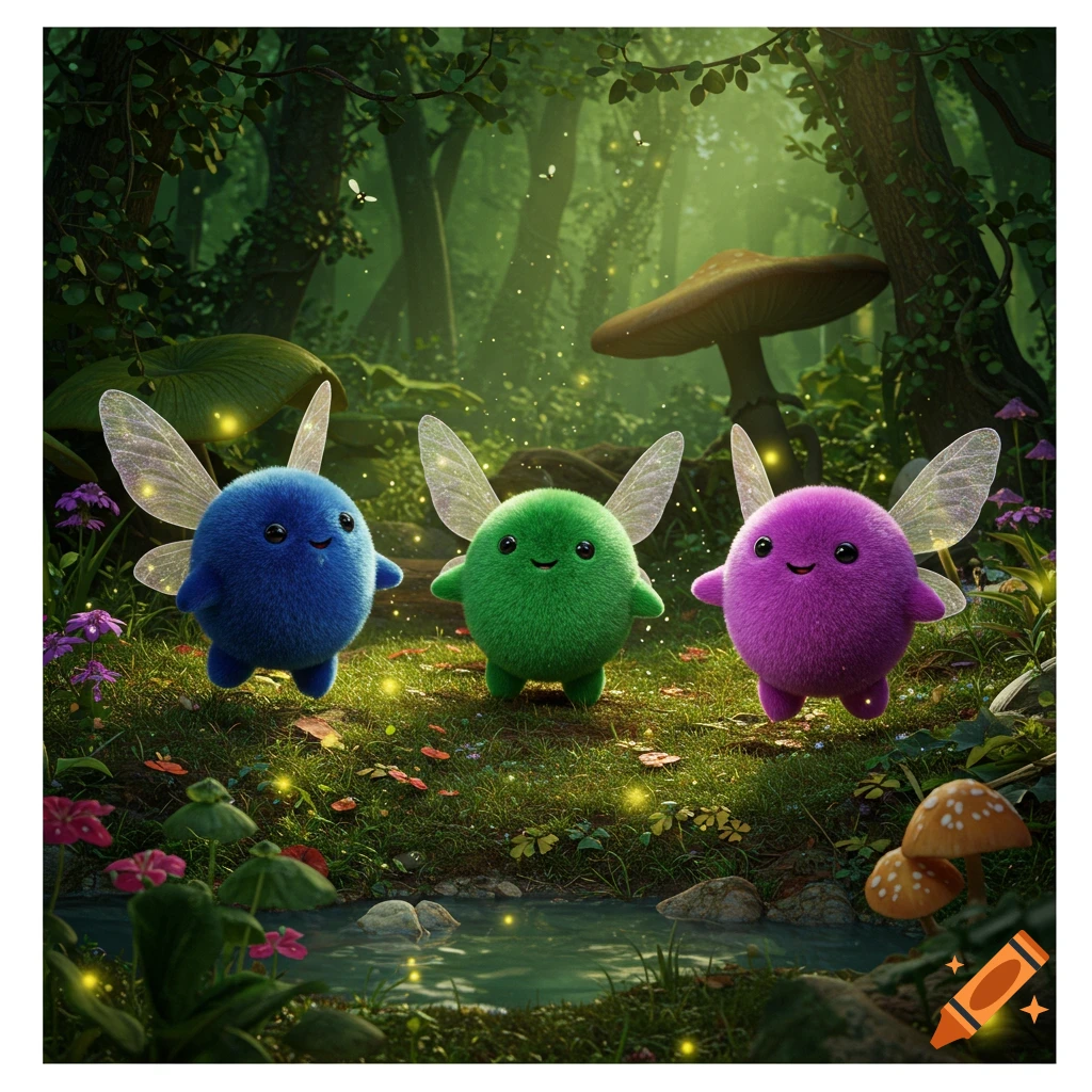 Three colorful, fluffy, fairy-like creatures with wings stand in a ...