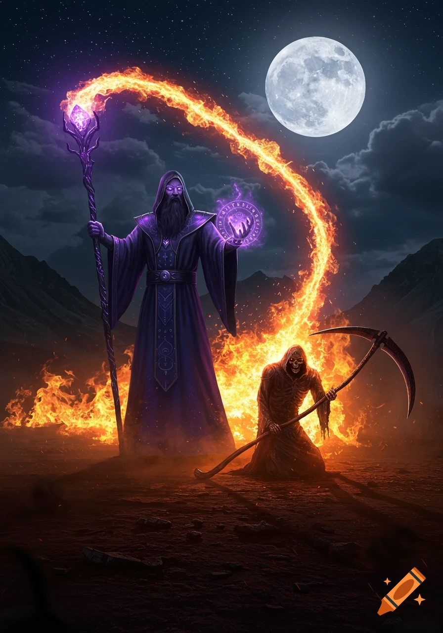 A powerful wizard in purple robes casts a fire stream from his staff ...