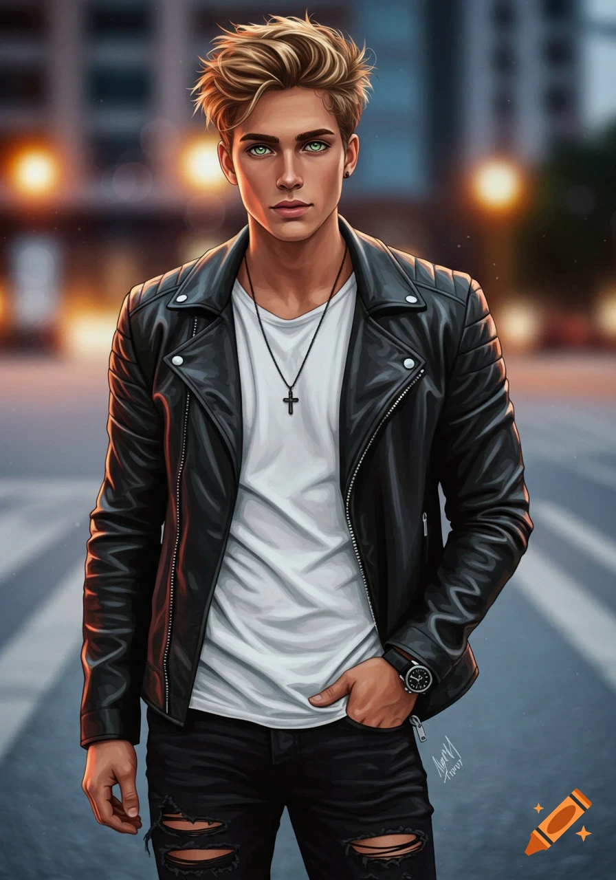 Two men in black leather jackets and sunglasses pose in a derelict ...