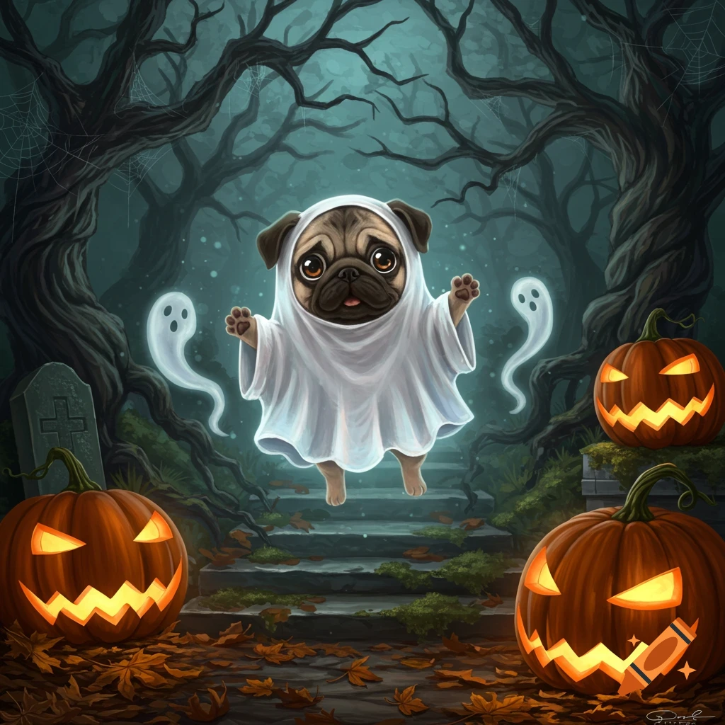 A cute dachshund in a vampire costume runs through a spooky Halloween ...