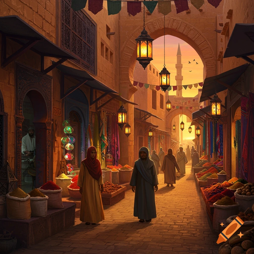 An illustration of a bustling nighttime market in a Middle Eastern town ...
