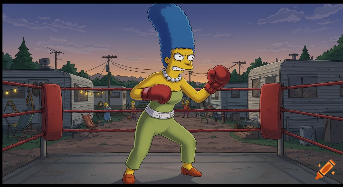 Cartoon character Marge Simpson, wearing boxing gloves and a green ...