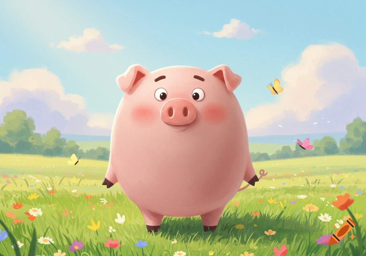 A smiling cartoon pig wearing a straw hat stands in a field of daisies ...