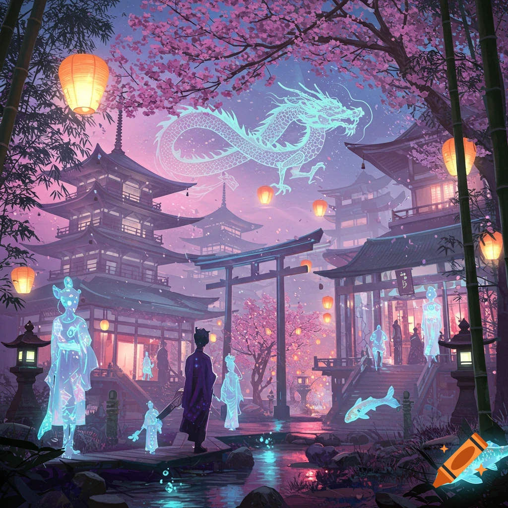 A vibrant, stylized street scene at dusk with lanterns, a food cart ...