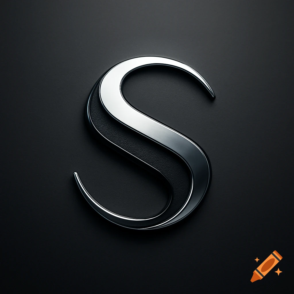 A sleek, chrome metallic letter S with reflections on a dark, textured ...
