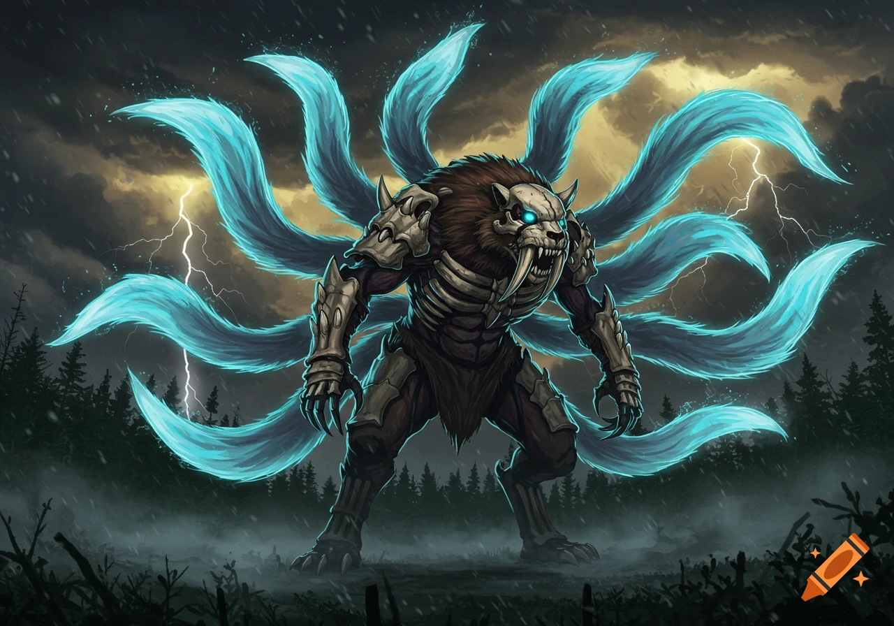 An anthropomorphic black wolf-like creature with deer antlers, wearing ...