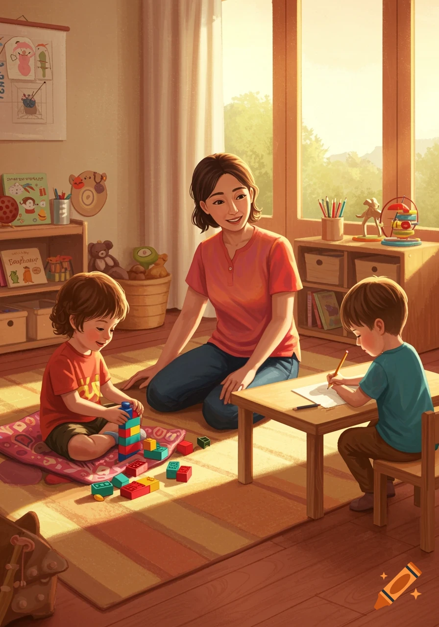 A father and son drawing together at a desk bathed in warm light from a ...