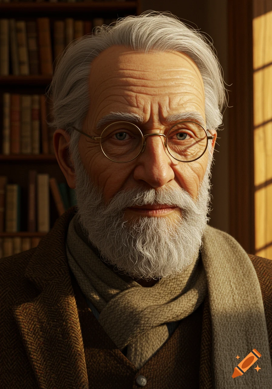 Photorealistic portrait of an elderly man with a white beard, round ...