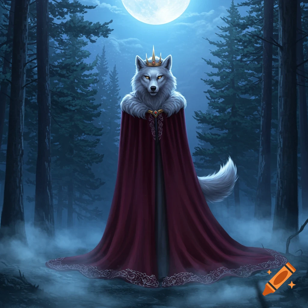 A white wolf-like queen in a crown and long red cape stands in a misty ...
