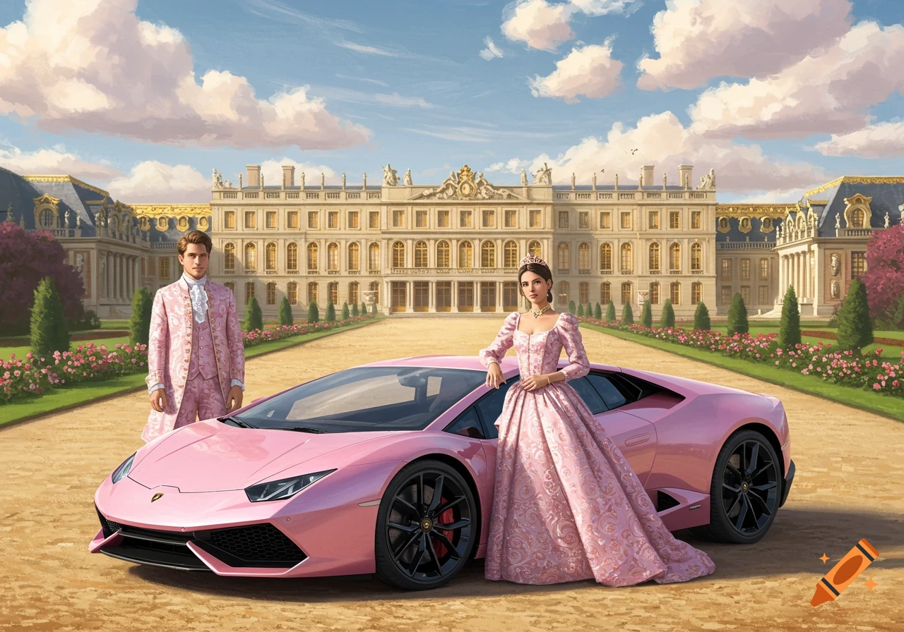 A prince and princess in pink Rococo-style outfits stand with a pink ...