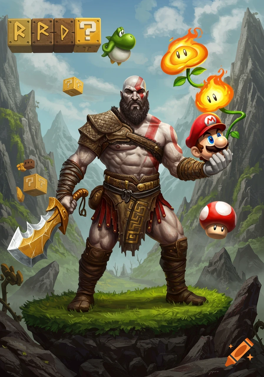 Kratos from God of War holding Mario's head, surrounded by Super Mario ...