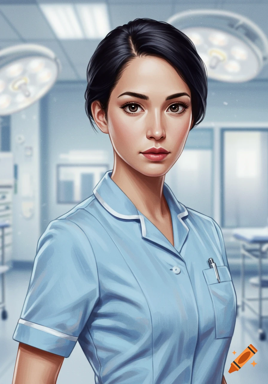 A smiling nurse with a bun in a white scrub suit and blue gloves stands ...