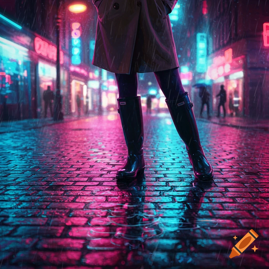 Girl with scarf walking in London at night near phone box on Craiyon