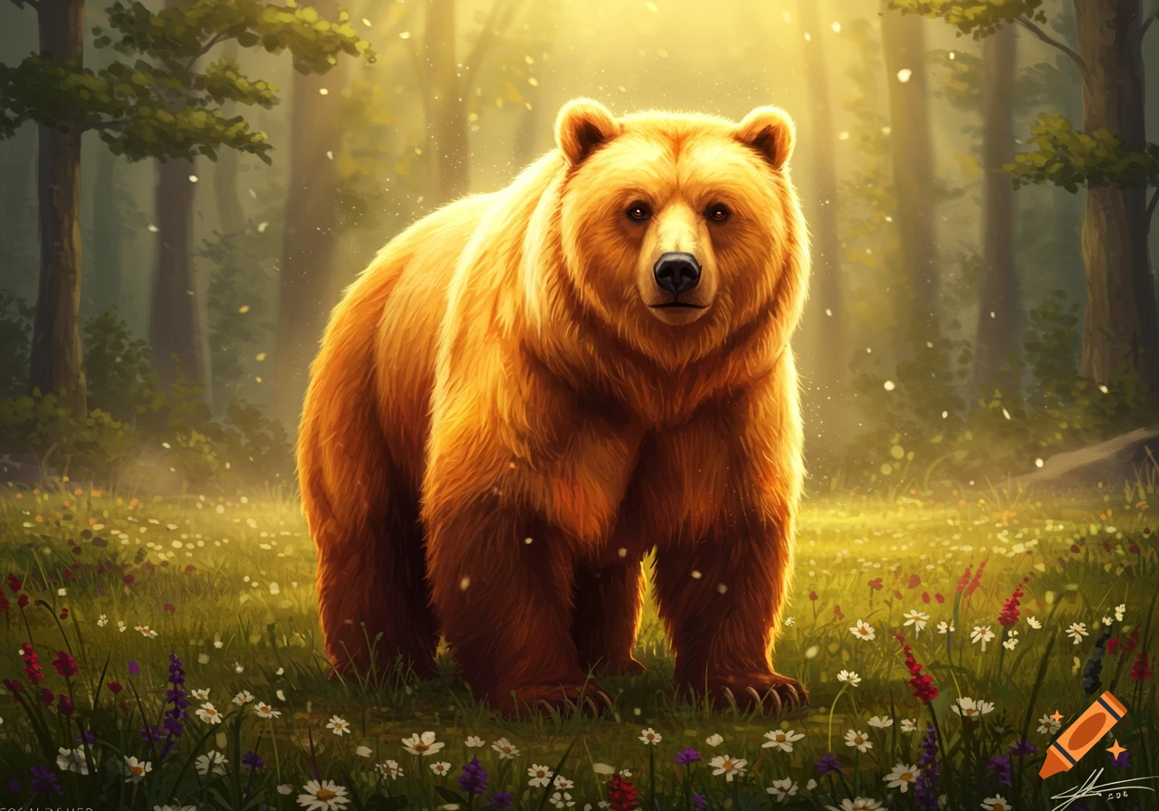 A large brown bear stands in an illustrative forest clearing next to a ...