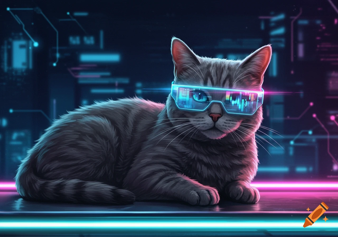 A happy cartoon dog sits on the floor in a neon-lit gaming room ...