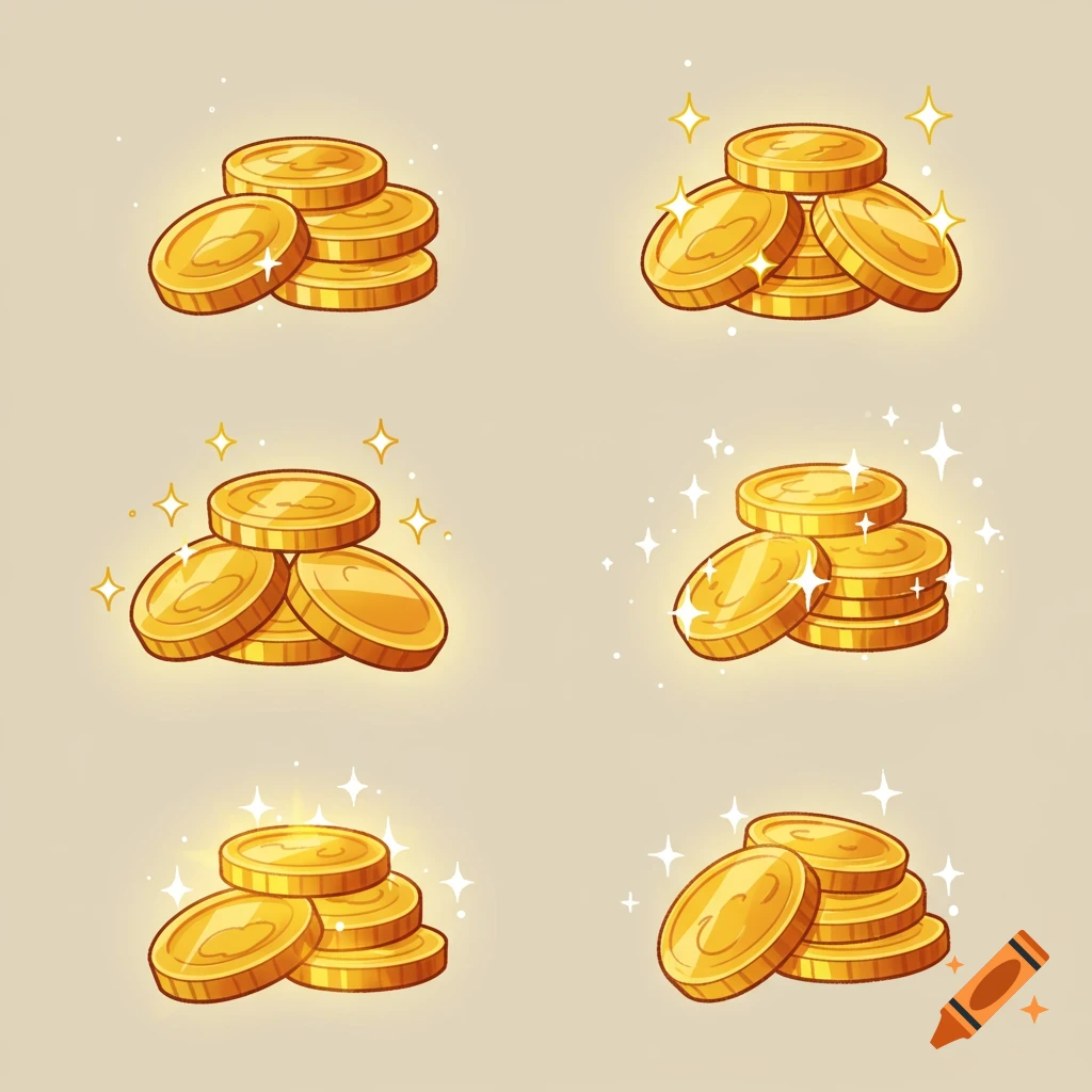 Six simple cartoon illustrations of small piles of sparkling gold coins ...