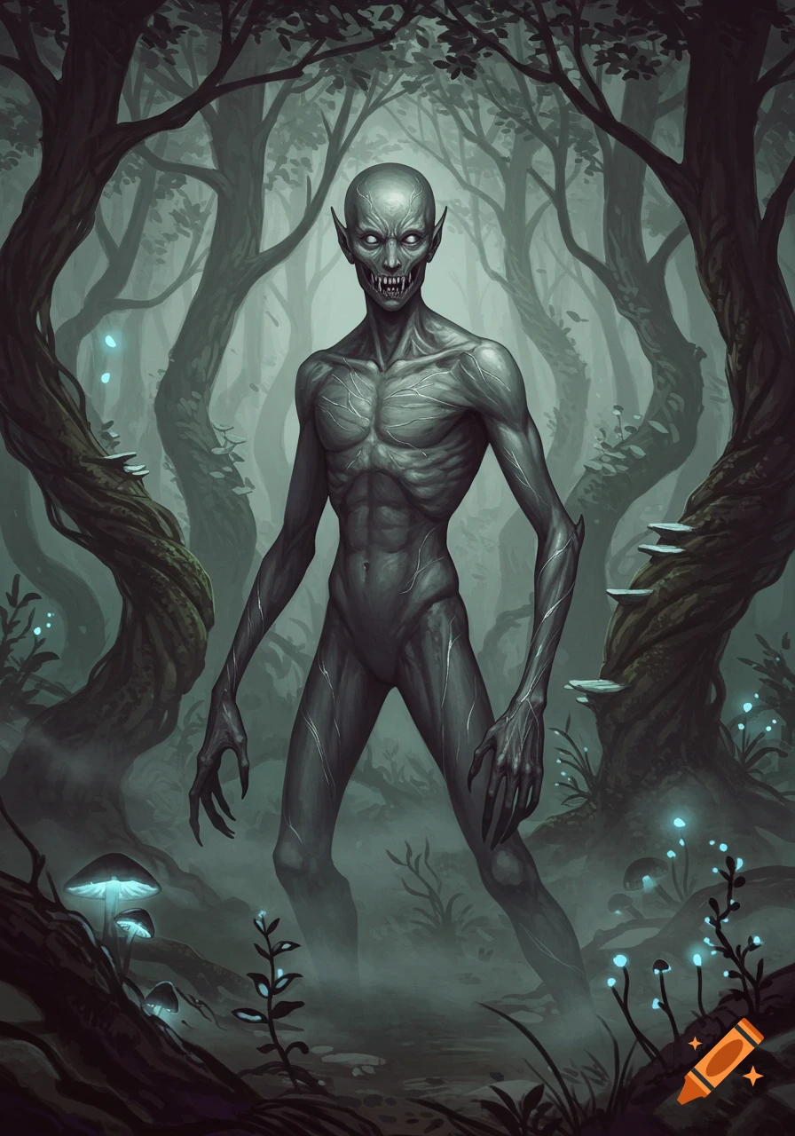 A pale, hairless humanoid creature with glowing eyes stands in a misty, dark fantasy forest. on ...
