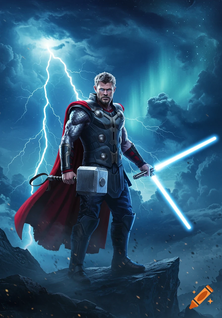 Thor stands on a rocky peak, holding Mjolnir, as lightning strikes ...