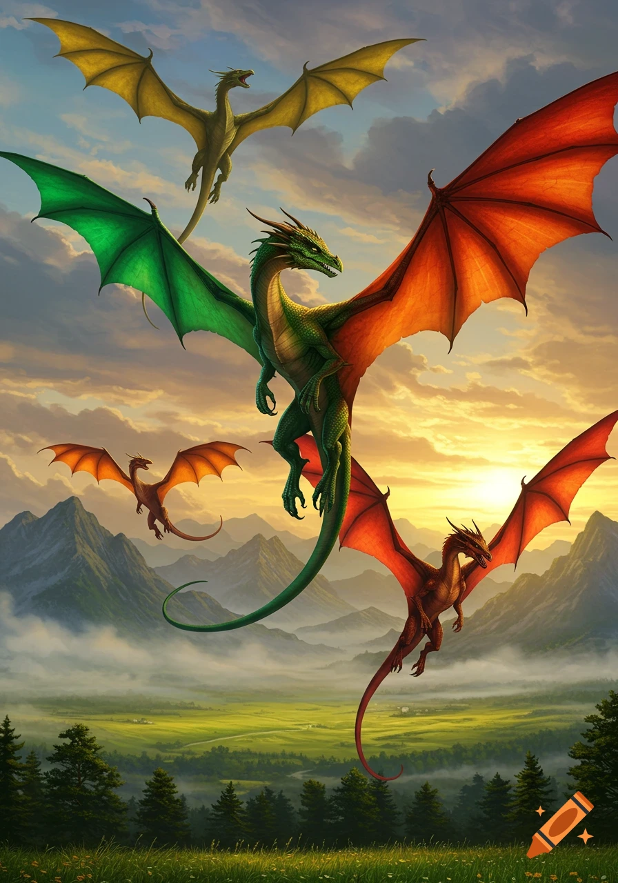 Vibrant rainbow dragons fly above a lush green valley with mountains ...