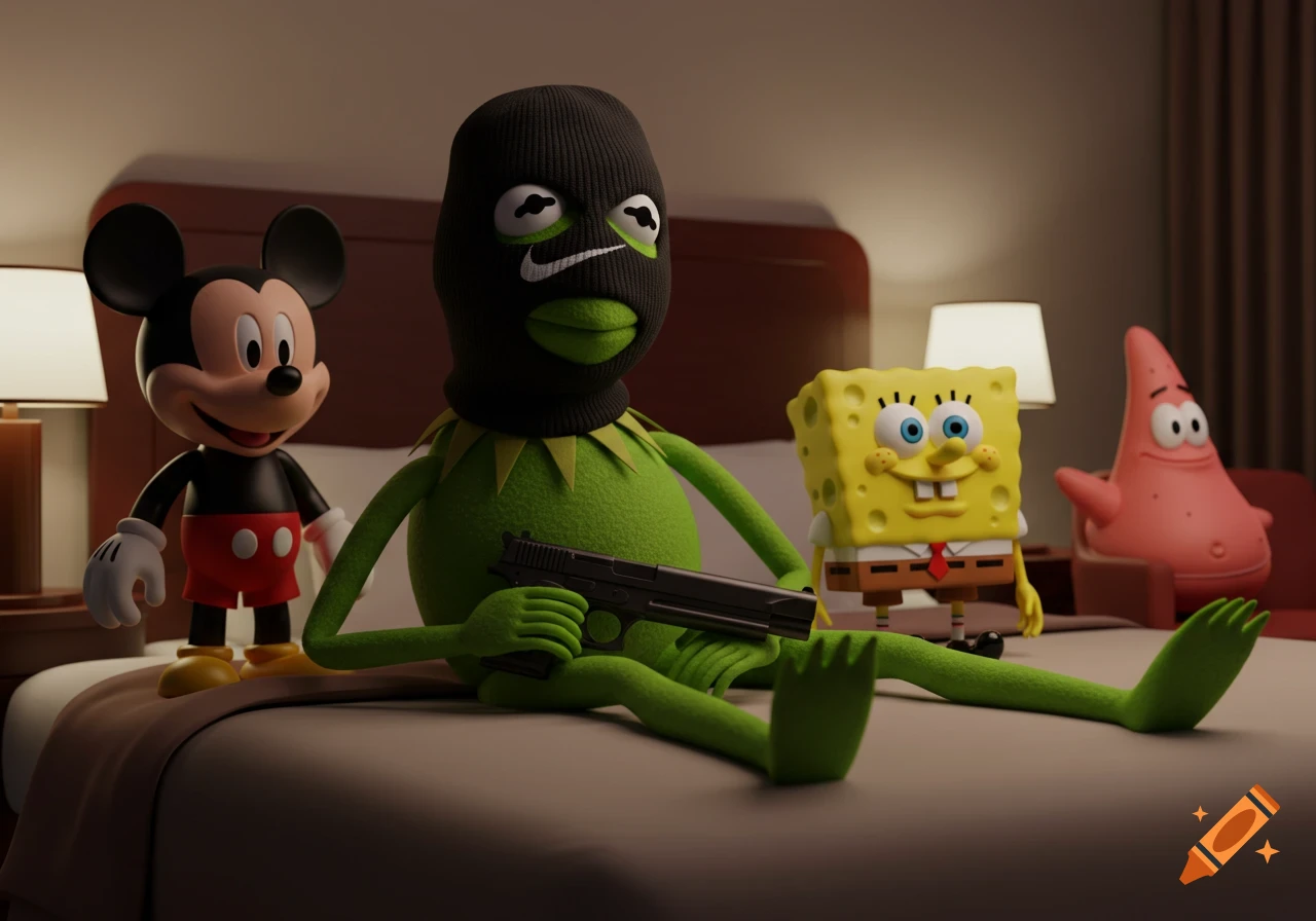 3D render of Kermit the Frog in a ski mask holding a pistol, sitting on ...