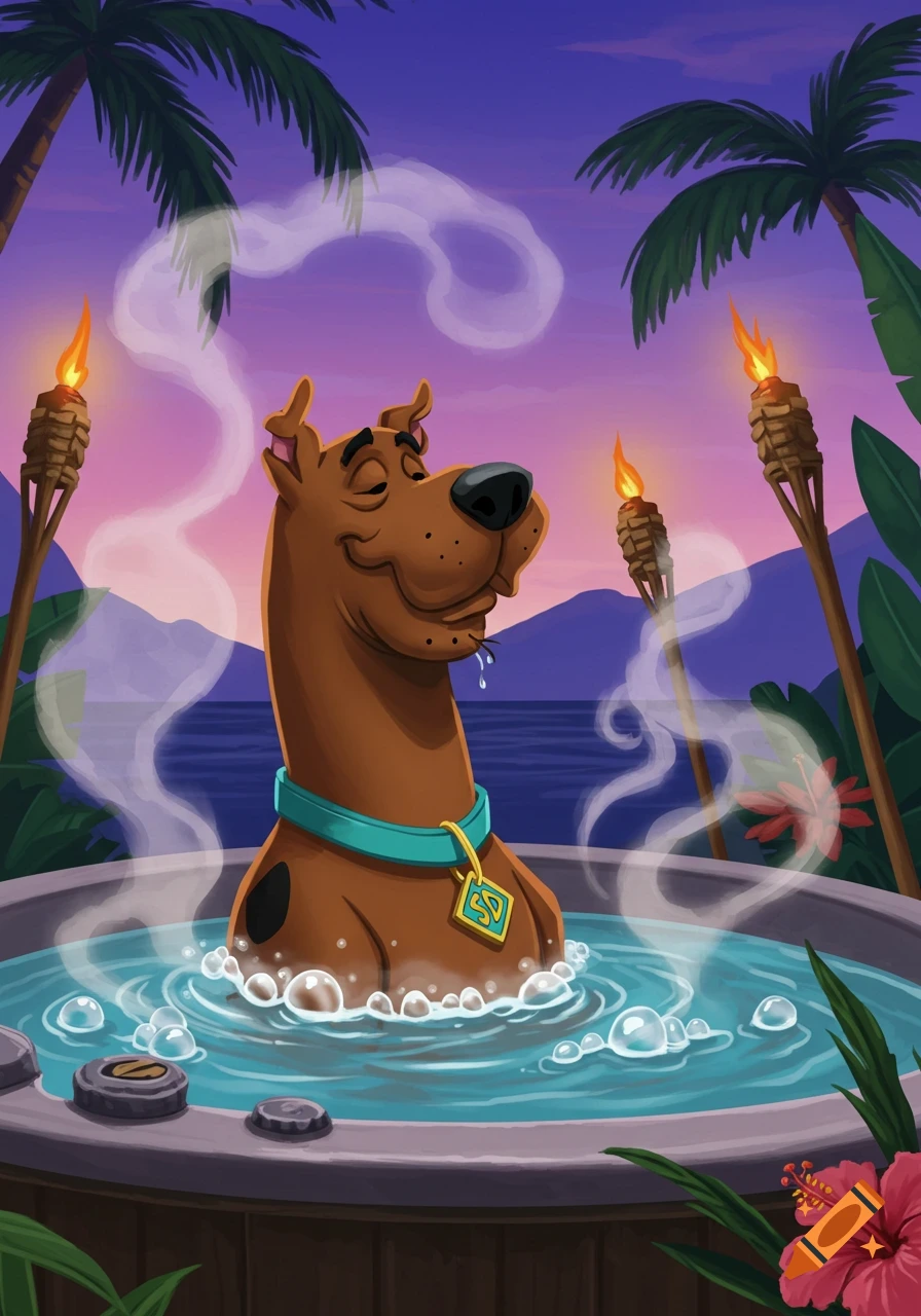 Scooby-Doo relaxing in a hot spring bath with cherry blossoms falling ...
