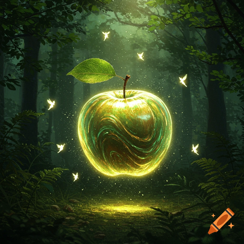 A glowing, magical green apple floats on a dark forest floor ...