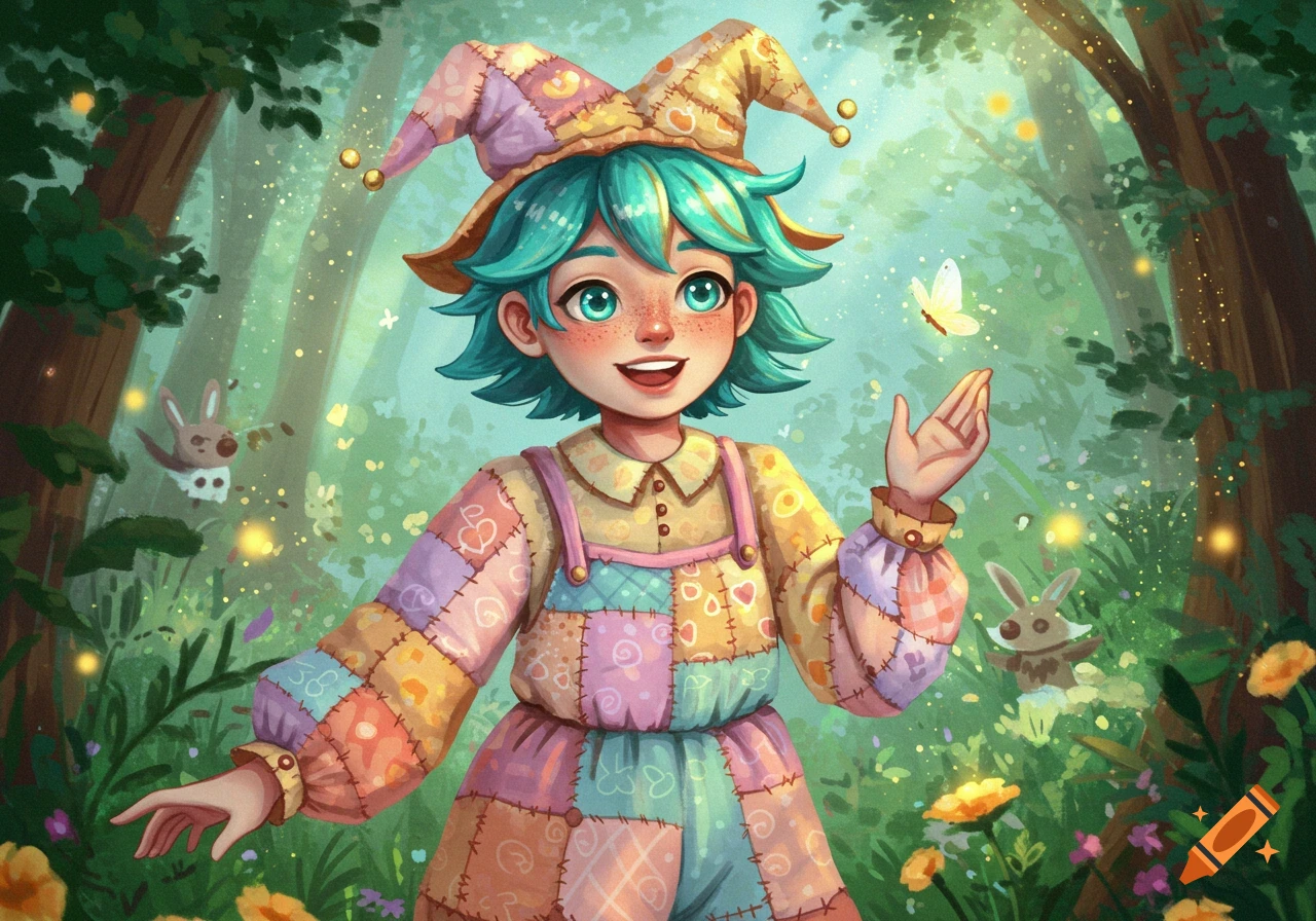 A whimsical, smiling character with teal hair and a patchwork jester ...